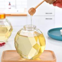 China 300ml Customized Hexagon Glass Honey Jars with Cork Sealing Type and Wooden Dipper for sale