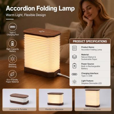 China Solid Hardwood Base Rectangular Folding Paper Light Vertical Expandable Lamp with Premium Paper Shade USB Rechargeable for sale