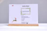 China Beech Wood Wooden Base T Shape Clear Acrylic Sign Holder Wedding Menu Card Display for sale