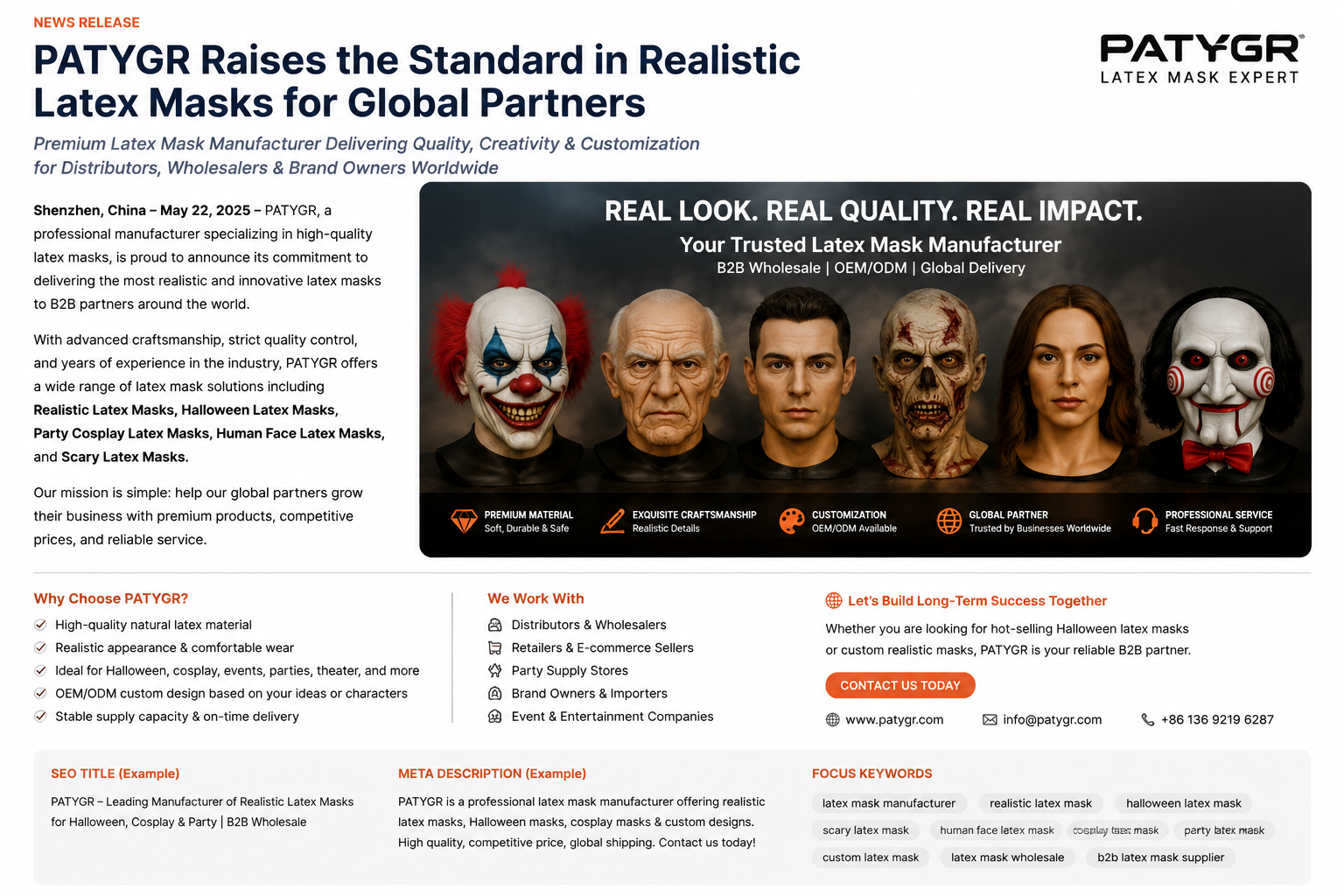 A professional horizontal banner showcasing PATYGR realistic latex masks for Halloween, cosplay, and party use. The image displays six high-quality latex masks including human face, scary, and clown designs on a premium clean background. Features highlight premium materials, craftsmanship, customization, and global B2B service. Suitable for wholesalers, distributors, and manufacturers.