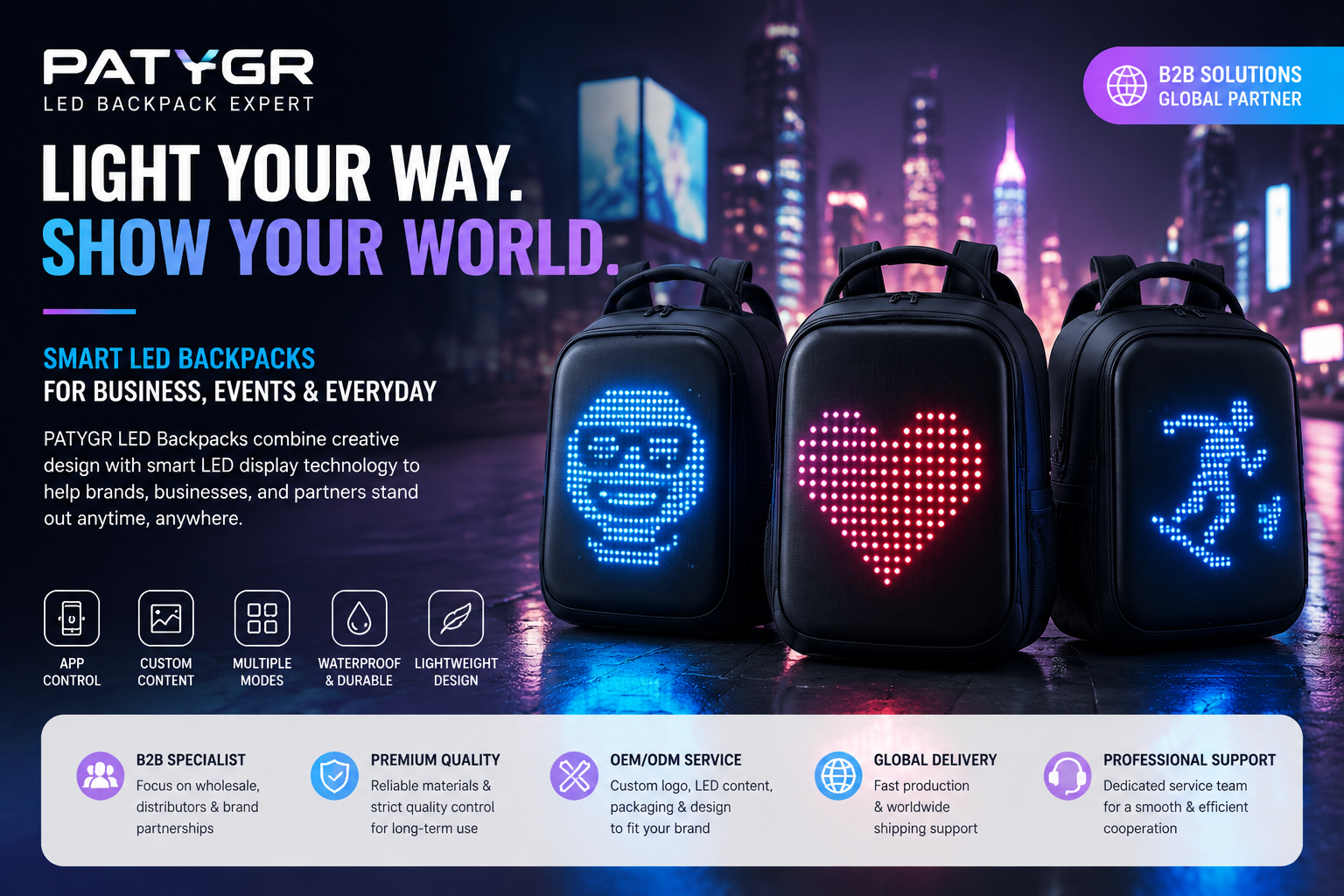 A high-quality horizontal banner showing PATYGR custom LED backpacks in a real-world event scenario. Backpacks feature vibrant, full-color LED displays controlled via mobile app, placed in a crowd at a music festival. The image highlights product realism, premium materials, and B2B applicability for wholesalers, distributors, and global partners.