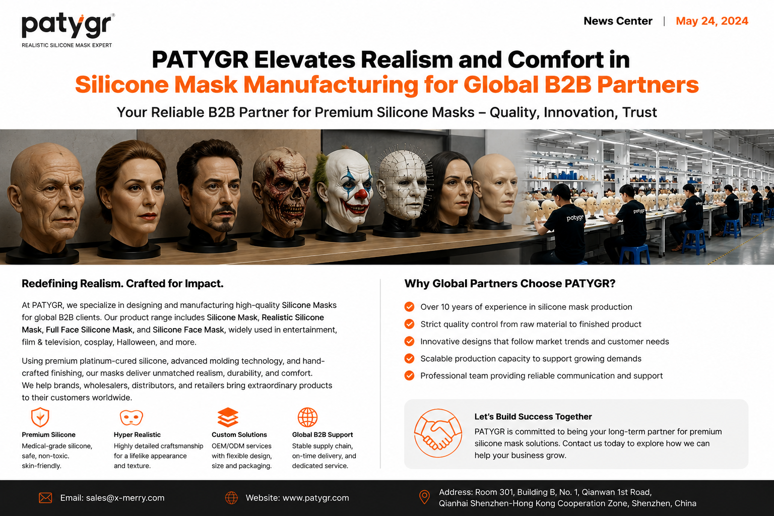 A horizontal hero image showcasing patygr’s realistic silicone masks in a factory setting. Multiple full-face silicone masks, including cosplay, party, Halloween, and entertainment styles, are displayed on stands and tables. The scene features high-detail textures, lifelike facial features, and professional industrial lighting, emphasizing premium quality and B2B-ready presentation. Ideal for independent website news center, marketing, or product showcase purposes.