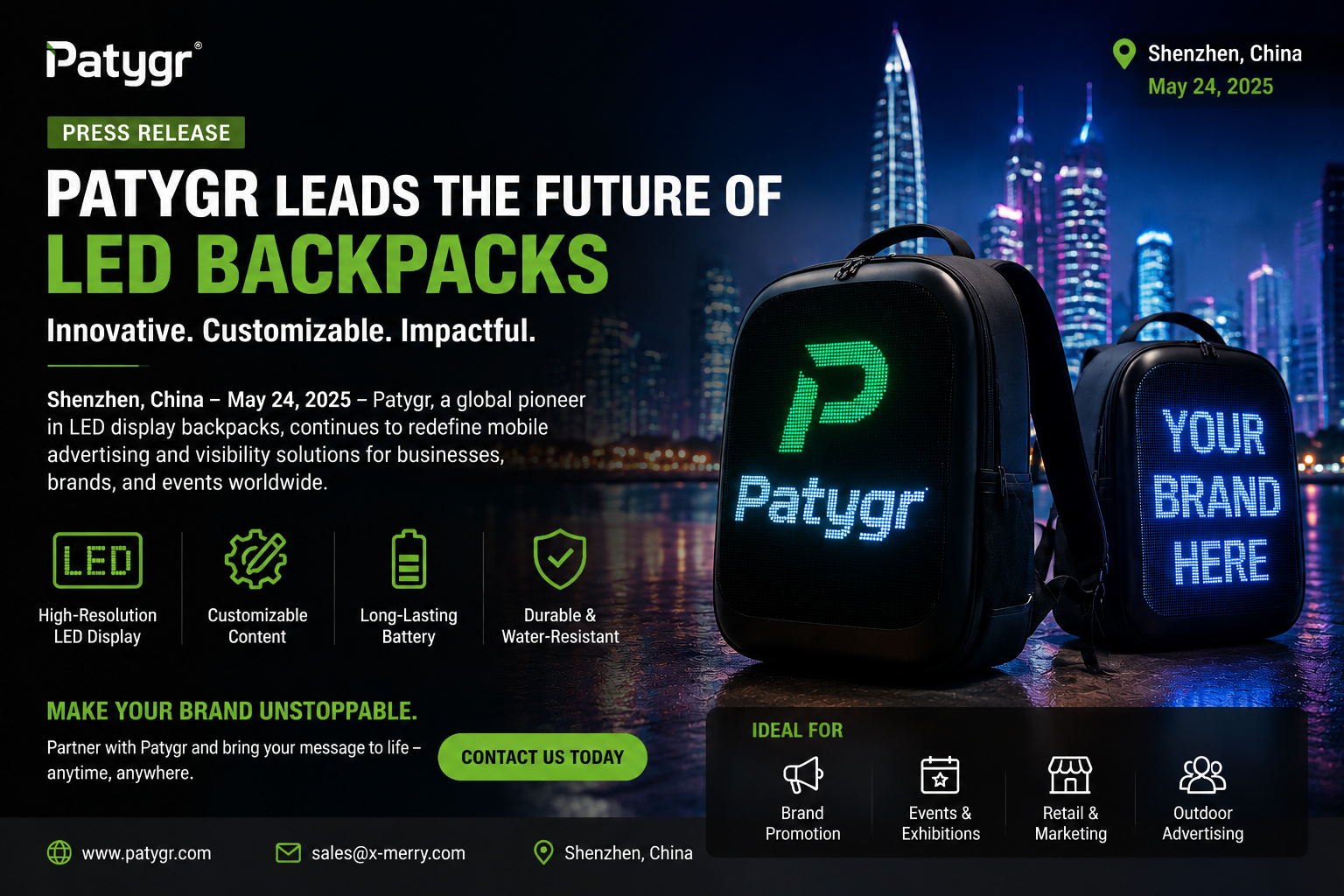 High-resolution horizontal image of a sleek black LED backpack with colorful glowing display, showcased in a futuristic dark studio with soft lighting and reflective platform, no text or branding.