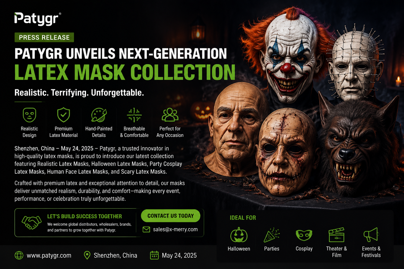 Horizontal showcase of realistic latex masks for Halloween, cosplay, and party use. Dark background, high-resolution, lifelike textures, no text.