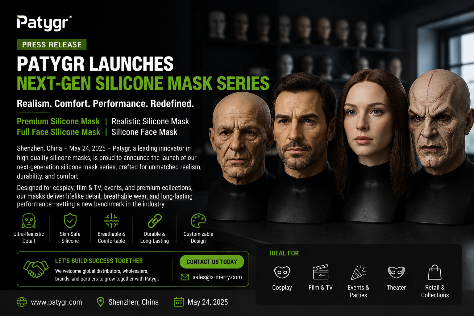 Horizontal showcase of realistic silicone masks for cosplay, film, and party use. Dark studio background, high-resolution, lifelike textures, no text overlay.