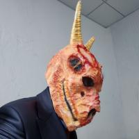 China Realistic Goat Skull Demon Mask with Hyper-Detailed Latex Surface Poseable Ribbed Horns and Hollowed-Out Eye Sockets for sale