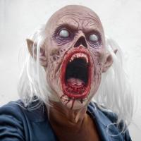 China Max 128 chars Horror Zombie Mask with Long White Hair, Bloody Open Mouth Latex Vampire Ghoul Mask for Halloween Cosplay Costume Party for sale