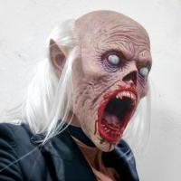 China Max 128 chars Horror Zombie Mask with Long White Hair, Bloody Open Mouth Latex Vampire Ghoul Mask for Halloween Cosplay Costume Party for sale