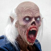 China Max 128 chars Horror Zombie Mask with Long White Hair, Bloody Open Mouth Latex Vampire Ghoul Mask for Halloween Cosplay Costume Party for sale
