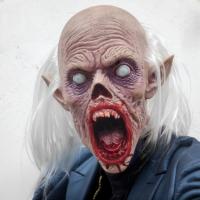 China Max 128 chars Horror Zombie Mask with Long White Hair, Bloody Open Mouth Latex Vampire Ghoul Mask for Halloween Cosplay Costume Party for sale