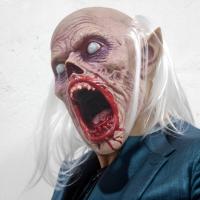 China Max 128 chars Horror Zombie Mask with Long White Hair, Bloody Open Mouth Latex Vampire Ghoul Mask for Halloween Cosplay Costume Party for sale