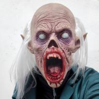 China Max 128 chars Horror Zombie Mask with Long White Hair, Bloody Open Mouth Latex Vampire Ghoul Mask for Halloween Cosplay Costume Party for sale