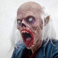 China Max 128 chars Horror Zombie Mask with Long White Hair, Bloody Open Mouth Latex Vampire Ghoul Mask for Halloween Cosplay Costume Party for sale