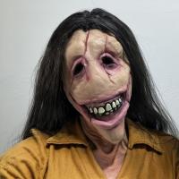 China Creepy Smiling Mutant Face Mask with Long Hair, Scary Realistic Skin Mask for Halloween Horror Cosplay and Haunted House Props for sale