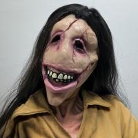 China Creepy Smiling Mutant Face Mask with Long Hair, Scary Realistic Skin Mask for Halloween Horror Cosplay and Haunted House Props for sale