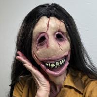 China Creepy Smiling Mutant Face Mask with Long Hair, Scary Realistic Skin Mask for Halloween Horror Cosplay and Haunted House Props for sale