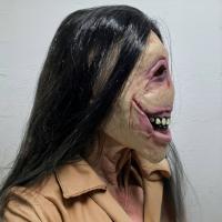 China Creepy Smiling Mutant Face Mask with Long Hair, Scary Realistic Skin Mask for Halloween Horror Cosplay and Haunted House Props for sale