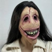 China Creepy Smiling Mutant Face Mask with Long Hair, Scary Realistic Skin Mask for Halloween Horror Cosplay and Haunted House Props for sale