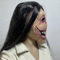 China Creepy Smiling Mutant Face Mask with Long Hair, Scary Realistic Skin Mask for Halloween Horror Cosplay and Haunted House Props for sale