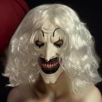 China Sinister Gothic Horror Clown Latex Mask with Shaggy White Wig and Pointy Nose for Halloweeen Parties, Horror Enthusiasts for sale