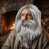 China Realistic Grey Wig and Beard Set for Men, Long Silver Hair Old Man Costume, Wizard Hermit Caveman Cosplay for Halloween Party for sale