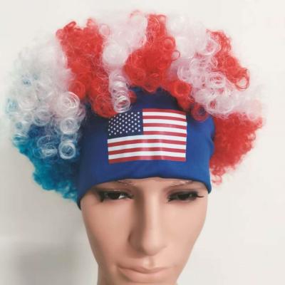 China Red White Blue Patriotic Afro Party Wig with Tri-Color Design and Integrated Flag Headband for sale