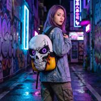 China Advanced Tech Hardshell Backpack - LED Skull Edition | Programmable Purple Eyes, Flame Design, Durable Travel Laptop Bag for sale