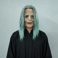 China Scary Old Witch Mask with Long Pale Blue Hair, Wrinkled Latex Female Mask for Halloween Cosplay & Haunted House for sale