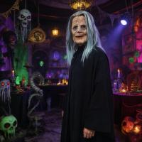China Scary Old Witch Mask with Long Pale Blue Hair, Wrinkled Latex Female Mask for Halloween Cosplay & Haunted House for sale