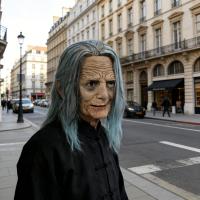 China Scary Old Witch Mask with Long Pale Blue Hair, Wrinkled Latex Female Mask for Halloween Cosplay & Haunted House for sale