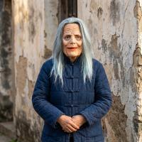 China Scary Old Witch Mask with Long Pale Blue Hair, Wrinkled Latex Female Mask for Halloween Cosplay & Haunted House for sale