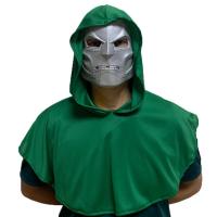 China Techno-Villain Metal Mask with Green Hooded Cape, Majestic Evil Overlord Cosplay Costume for Halloween & Masquerade Parties for sale