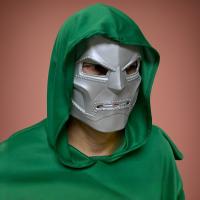China Techno-Villain Metal Mask with Green Hooded Cape, Majestic Evil Overlord Cosplay Costume for Halloween & Masquerade Parties for sale