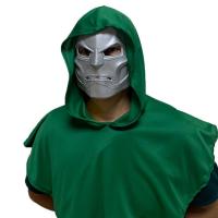 China Techno-Villain Metal Mask with Green Hooded Cape, Majestic Evil Overlord Cosplay Costume for Halloween & Masquerade Parties for sale