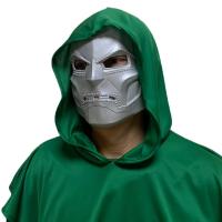China Techno-Villain Metal Mask with Green Hooded Cape, Majestic Evil Overlord Cosplay Costume for Halloween & Masquerade Parties for sale