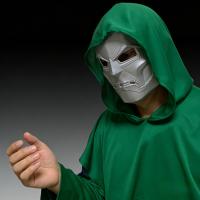 China Techno-Villain Metal Mask with Green Hooded Cape, Majestic Evil Overlord Cosplay Costume for Halloween & Masquerade Parties for sale