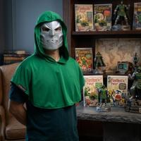 China Techno-Villain Metal Mask with Green Hooded Cape, Majestic Evil Overlord Cosplay Costume for Halloween & Masquerade Parties for sale