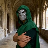 China Techno-Villain Metal Mask with Green Hooded Cape, Majestic Evil Overlord Cosplay Costume for Halloween & Masquerade Parties for sale