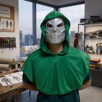 China Techno-Villain Metal Mask with Green Hooded Cape, Majestic Evil Overlord Cosplay Costume for Halloween & Masquerade Parties for sale