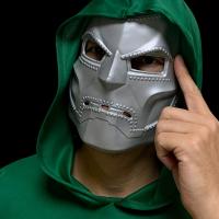 China Techno-Villain Metal Mask with Green Hooded Cape, Majestic Evil Overlord Cosplay Costume for Halloween & Masquerade Parties for sale