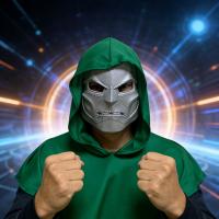China Techno-Villain Metal Mask with Green Hooded Cape, Majestic Evil Overlord Cosplay Costume for Halloween & Masquerade Parties for sale