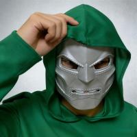 China Techno-Villain Metal Mask with Green Hooded Cape, Majestic Evil Overlord Cosplay Costume for Halloween & Masquerade Parties for sale