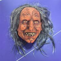 China Scary Evil Witch Mask with Long Grey Hair, Realistic Old Hag Latex Mask for Halloween Cosplay Horror Costume Props for sale