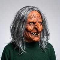 China Scary Evil Witch Mask with Long Grey Hair, Realistic Old Hag Latex Mask for Halloween Cosplay Horror Costume Props for sale