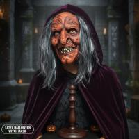 China Scary Evil Witch Mask with Long Grey Hair, Realistic Old Hag Latex Mask for Halloween Cosplay Horror Costume Props for sale