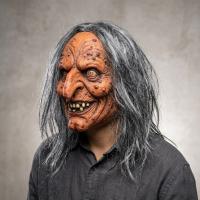 China Scary Evil Witch Mask with Long Grey Hair, Realistic Old Hag Latex Mask for Halloween Cosplay Horror Costume Props for sale
