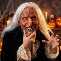 China Terrifying Witch Mask - Long Grey Hair & Wrinkled Skin for Halloween Cosplay for sale