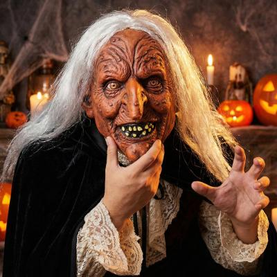China Terrifying Witch Mask - Long Grey Hair & Wrinkled Skin for Halloween Cosplay for sale