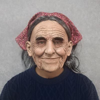 China Realistic Old Woman Latex Mask with Hair and Headscarf - Wrinkly Grandma Female Face Disguise for Adults Halloween Cosplay Costume Props for sale