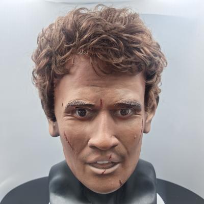 China Halloween Realistic Male Face Mask Battle Scarred Survivor Latex Headgear Creepy Cosplay Prop for Adult for sale